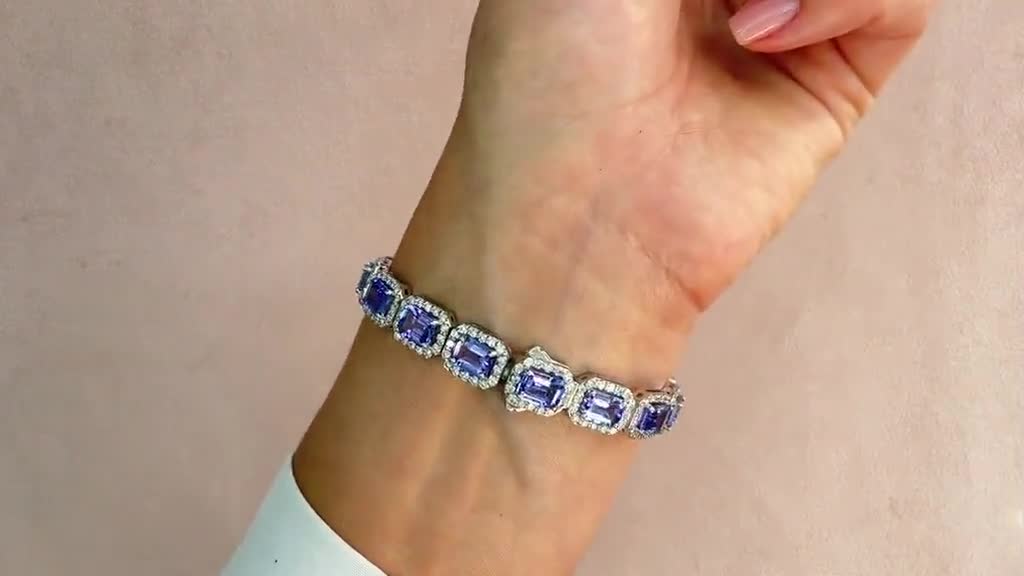 20 Carat Tanzanite Halo Bracelet with Emerald Cut Stones and Natural Diamonds Big Bracelet Luxury Bracelet Fine Diamonds